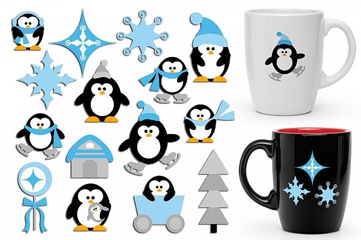 Penguins Winter wonderland graphics, blue snowflakes (86915 ...