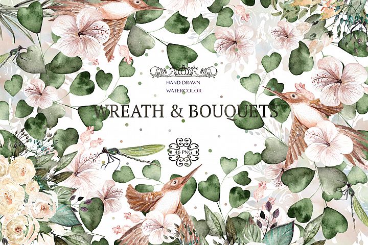 Hand Drawn Watercolor Flowers&Wreath
