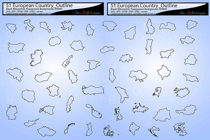 51 European Country outline map silhouette vector / Europe