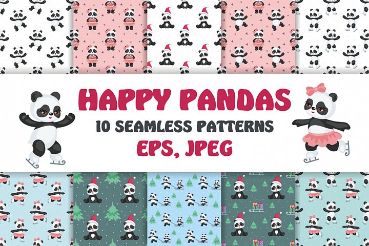Happy Pandas. Seamless patterns set. (44642) | Patterns | Design Bundles