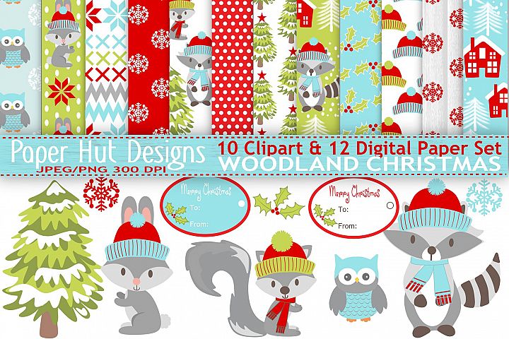Woodland Animals Christmas Clipart and Digital Papers Set