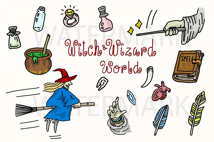 Witch and Wizard Elements - JPG PNG SVG eps - Color + Outline Version ...