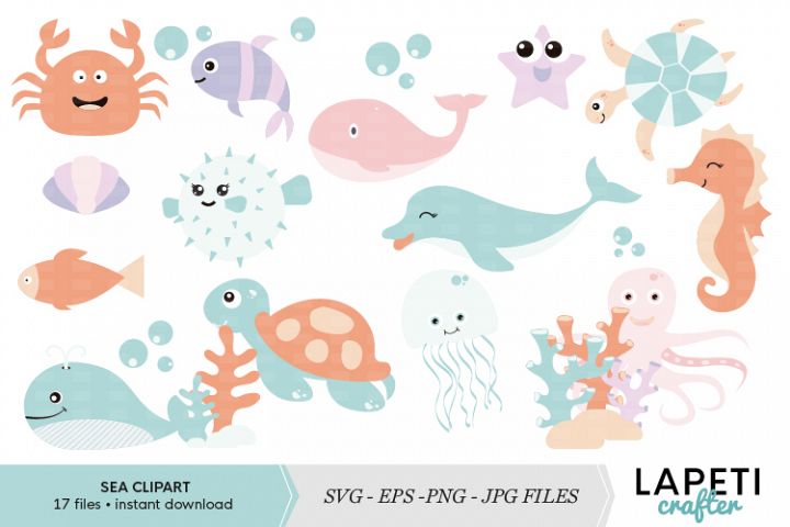 Ocean creatures clipart set, under the sea vector graphics (268307 ...