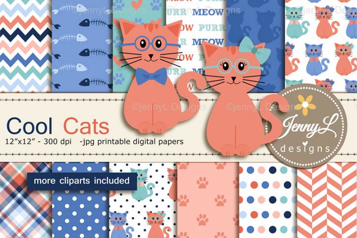 Cats Digital Papers and Clipart SET (81275) | Backgrounds | Design Bundles