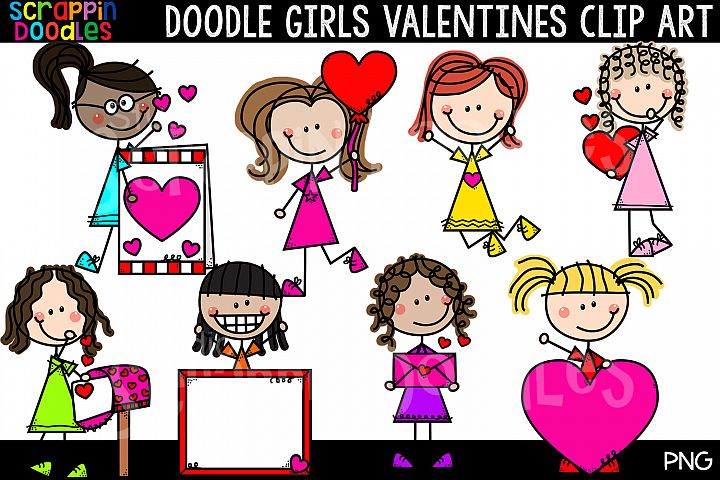 Doodle Girls Valentine's Clip Art - Cute Stick Figure Kids (430677 ...