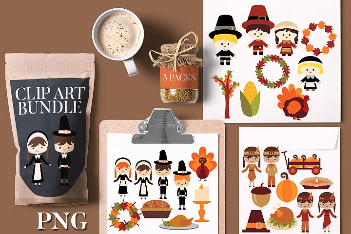 Kids Thanksgiving clip art illustrations bundle