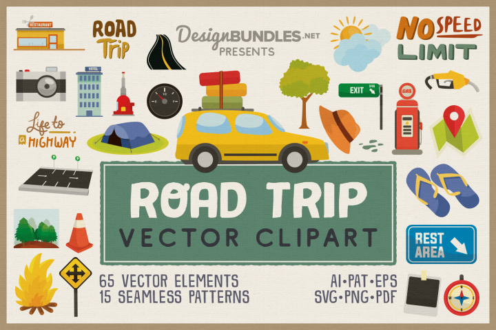 Road Trip Vector Clipart and Seamless Pattern
