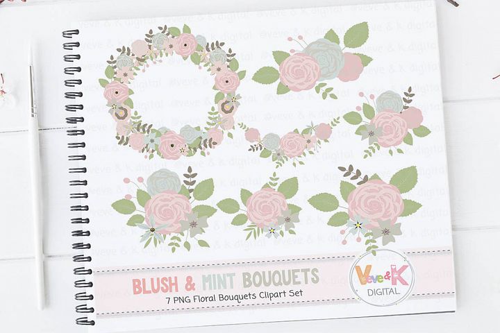 Blush And Mint Floral Bouquets Clipart, Floral Wreath Clipart, Clipart ...