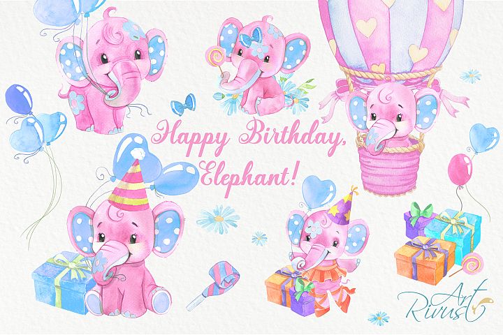 Birthday baby elephants PNG watercolor clipart for girls