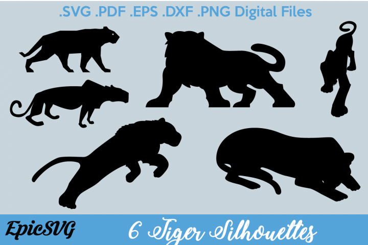6 Tiger Silhouettes | Digital Files for Cutting Machine