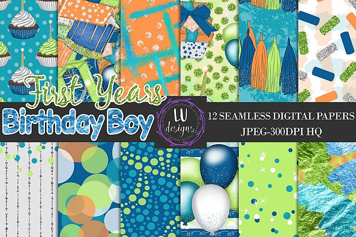 Birthday Boy Digital Papers, Boy Party Scrapbook Backgrounds