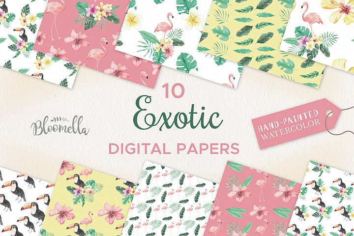 Exotic Seamless Patterns Digital Papers Tucan Flamingo