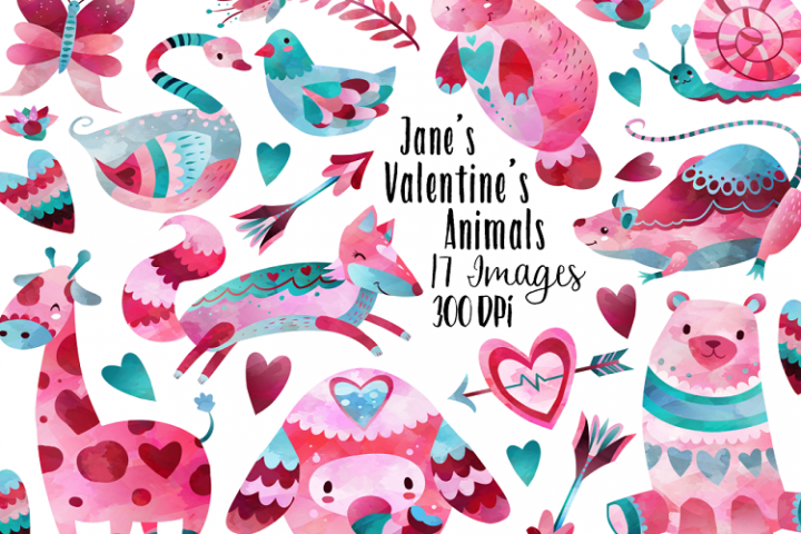 Watercolor Valentines Animals Clipart (241225) | Illustrations | Design ...