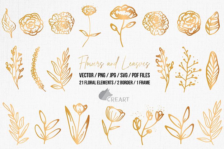 Golden flowers and leaves clip art. Floral gold frame svg.