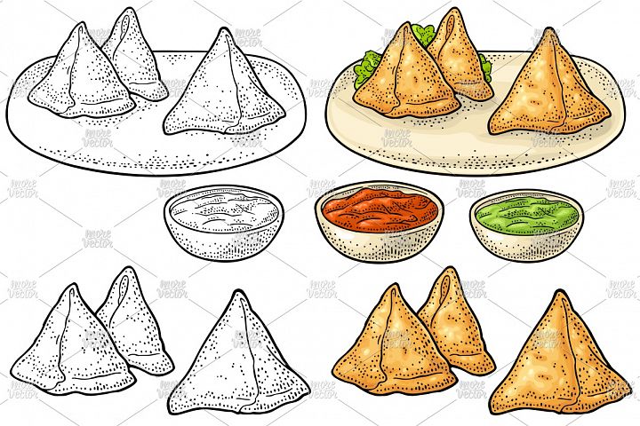 Samosa on plate with sauces in bowl (138541) | Illustrations | Design ...